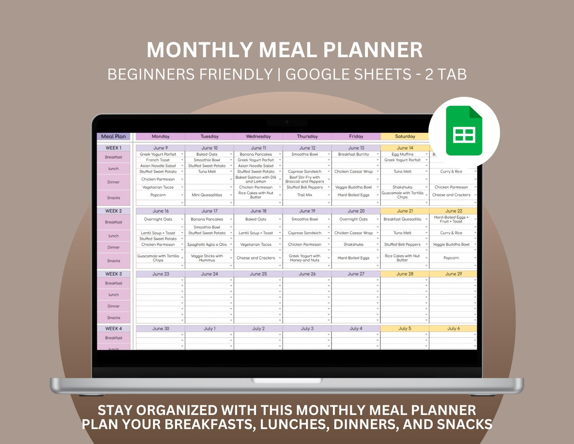 Monthly Meal Planner Spreadsheet: Google Sheets Food Tracker (digital ...