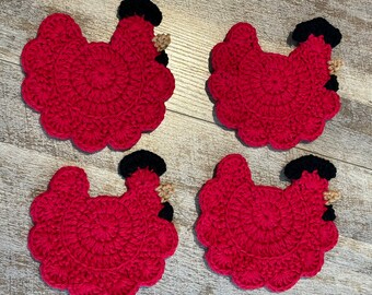 Crochet Chicken Coasters Coaster Set Home Decor Crochet Chicken ...