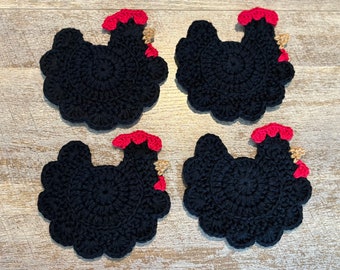 Set of 4 Chicken Coasters, Handmade Crochet - Etsy
