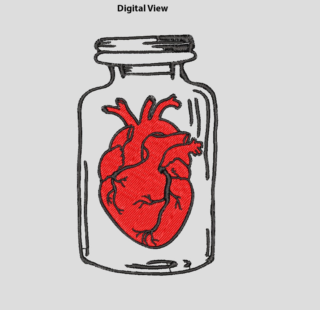 2 Versions of Heart in Jar Embroidery Design, Anatomical Heart Design ...