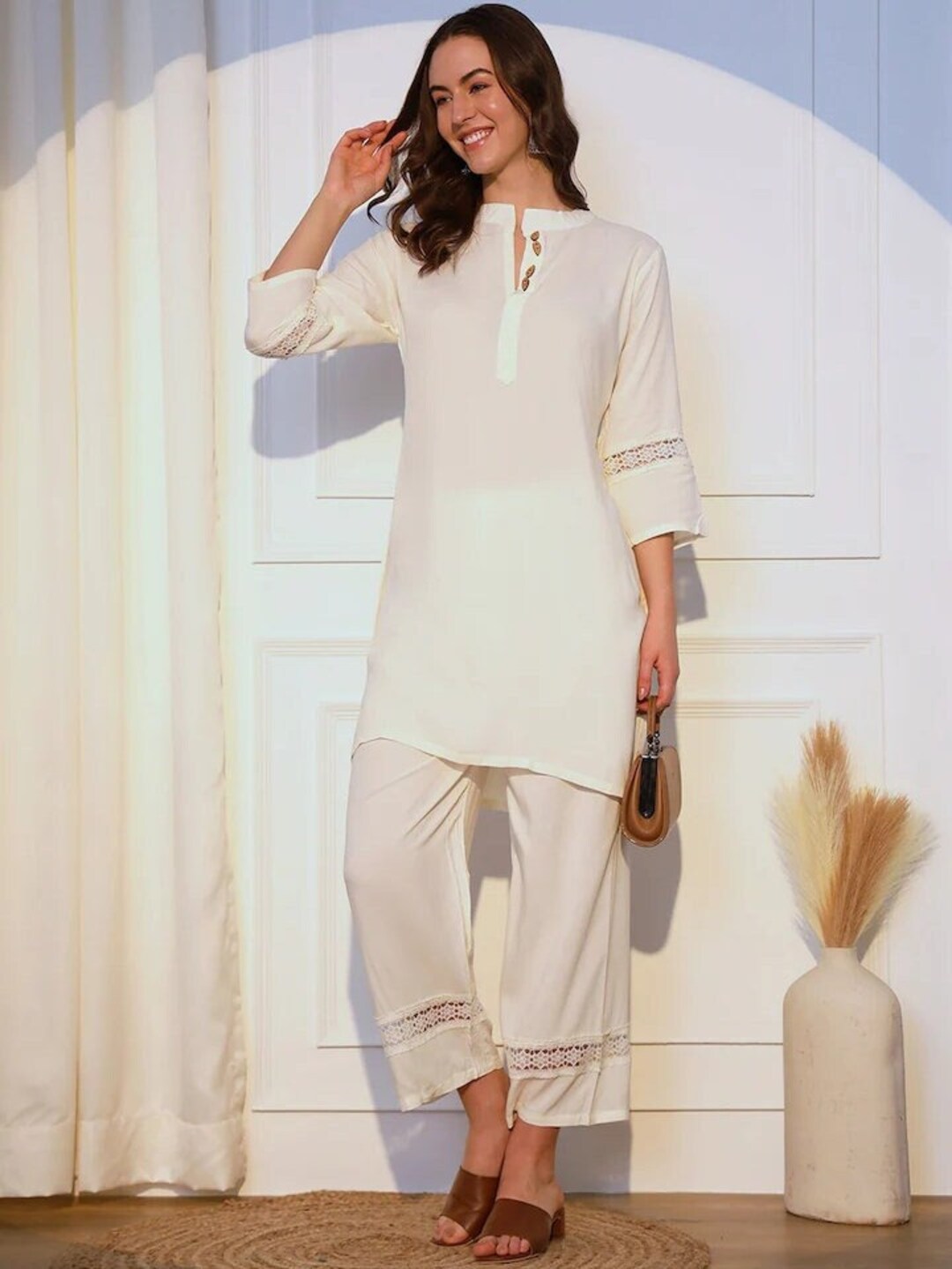 Classy & Comfortable Indian Dress Off-white Solid ASPORA Band Collar ...