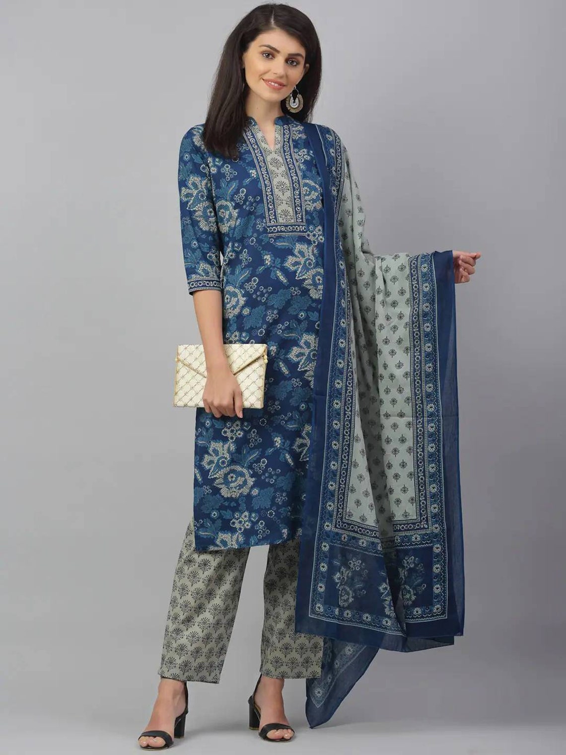 Kurta Set for Women Pure Cotton Blue & Grey Printed Kurta - Etsy