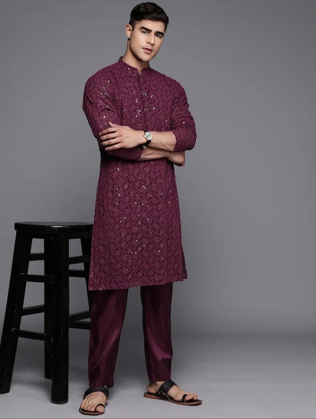 Kurta Set for Men Burgundy Embroidered Sequinned Chikankari Kurta With Trousers for Men Indian ...