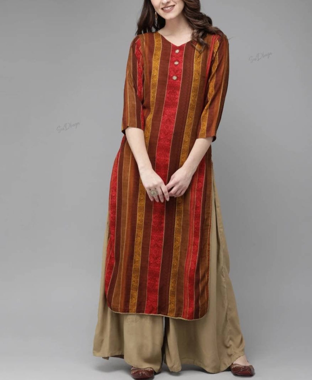 Kurta Women Red & Brown Striped Straight Kurta Indian Dress Ethnic Wear ...