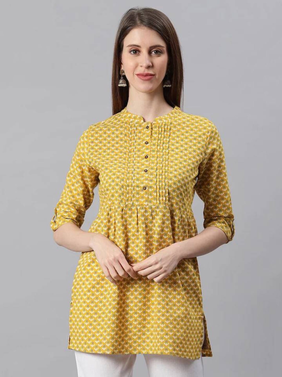 Short Kurti Tunic Pure Cotton Yellow & off White Mandarin Collar ...