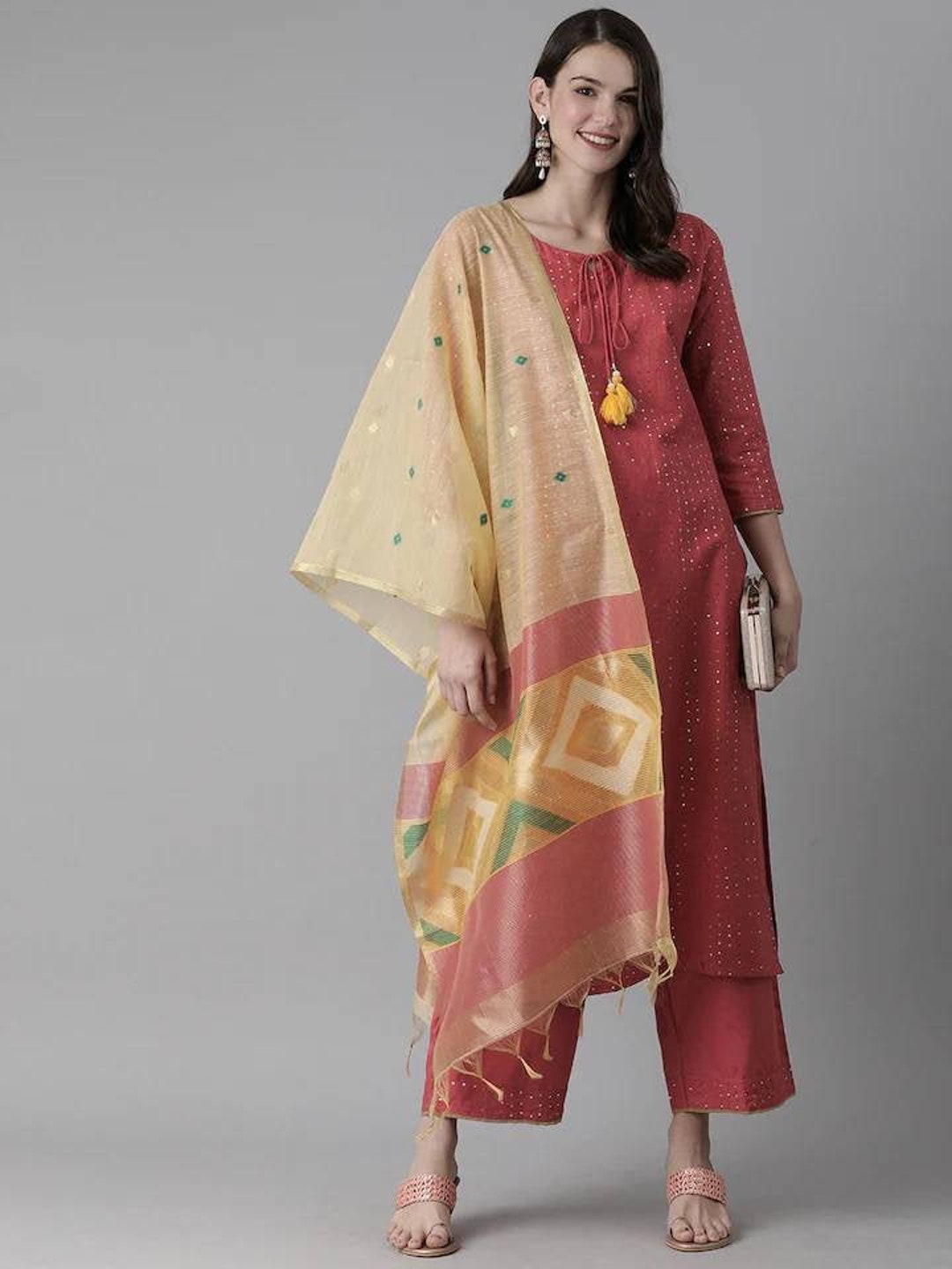 Kurta Set for Women Pure Cotton Red Embroidered Kurta With Palazzos ...