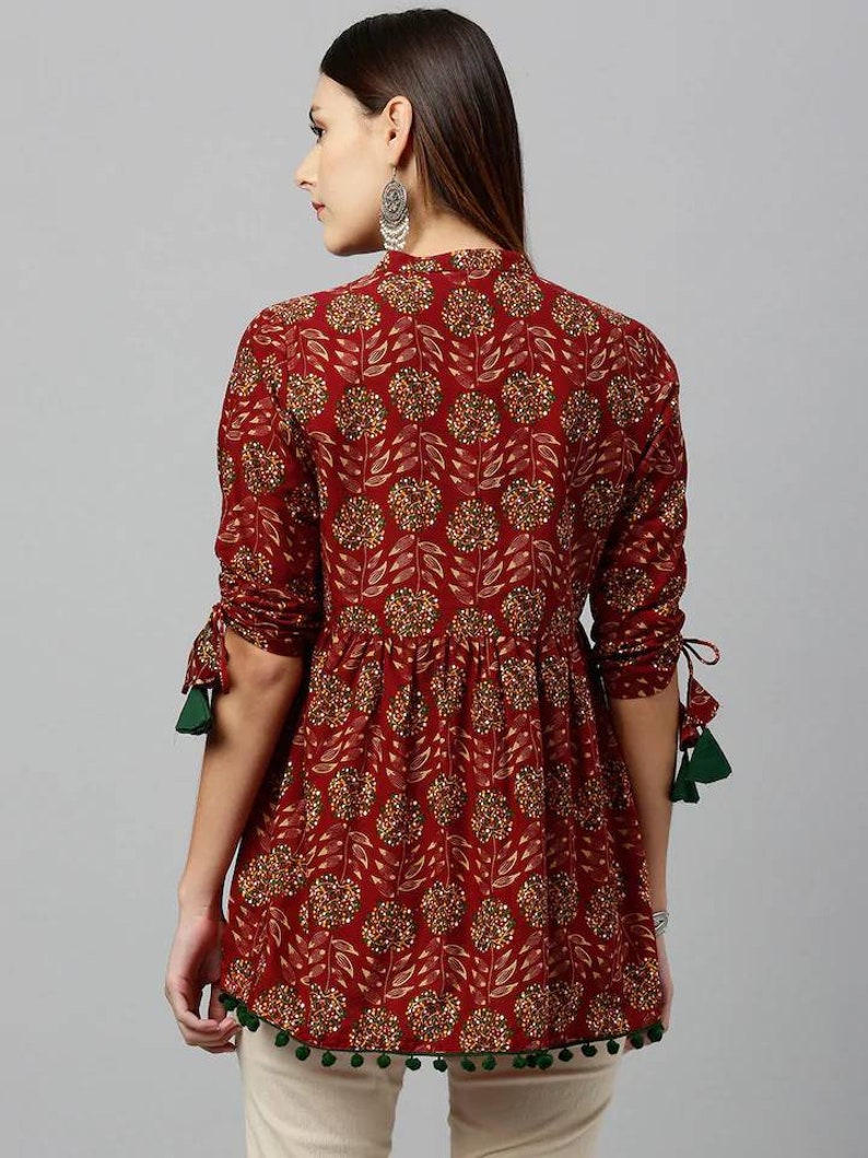 Ethnic Top Pure Cotton Maroon & Green Floral Printed Tie-up - Etsy UK