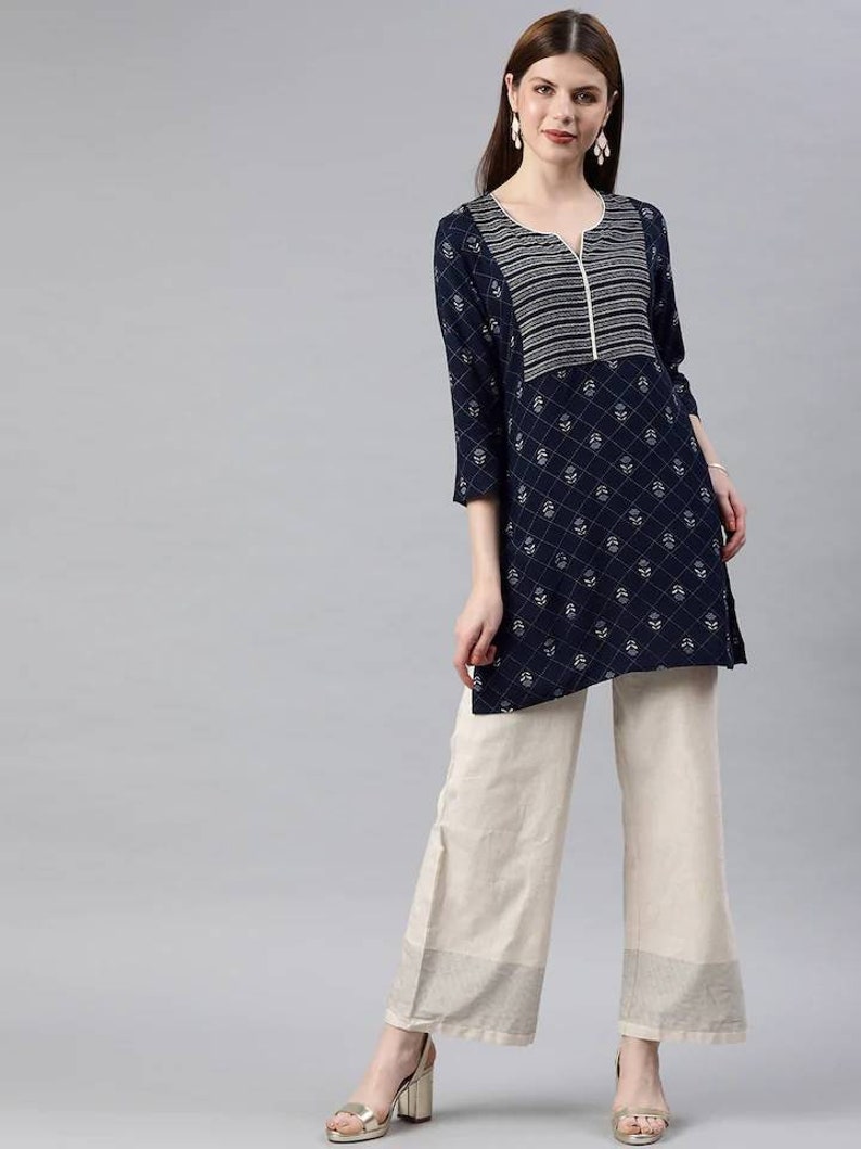 Short Kurta Women Navy Blue & White Printed Short Kurti | Etsy