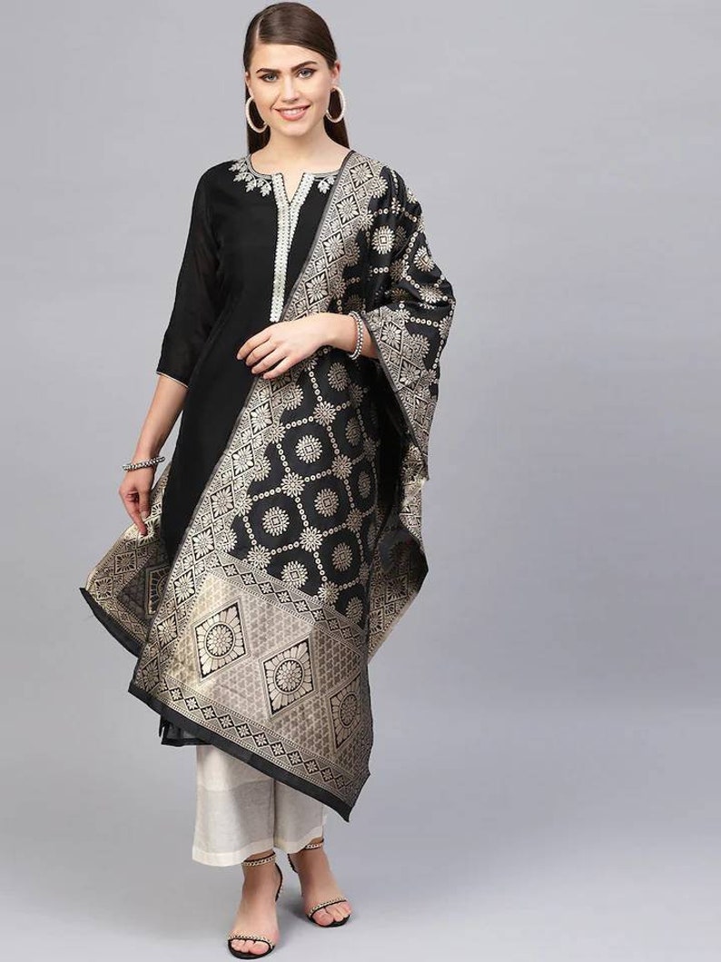 Kurta With Dupatta Black & Golden Yoke Design Straight Kurta - Etsy