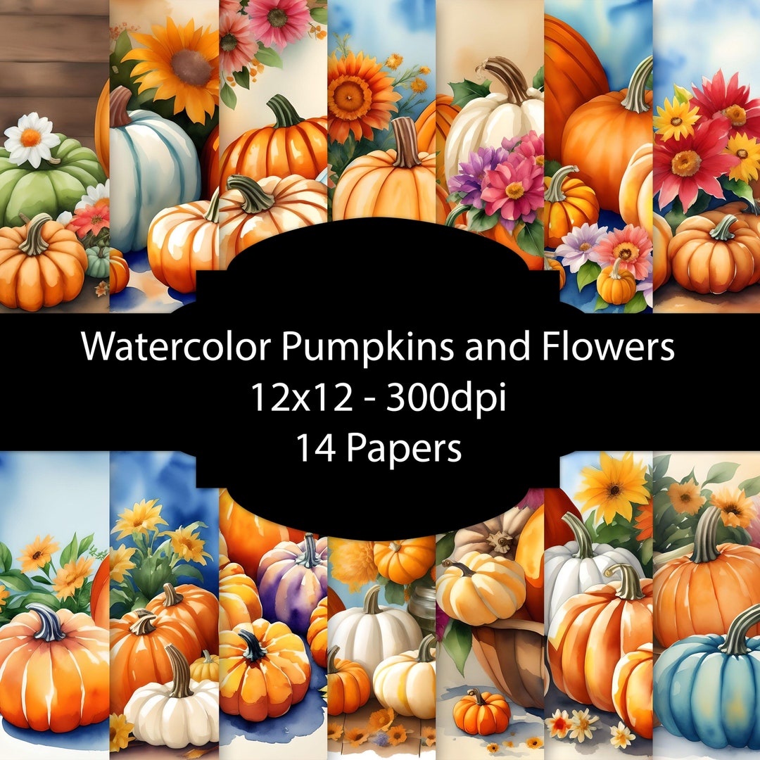 Watercolor Pumpkins and Flowers Digital Paper, Fall Background, Floral ...
