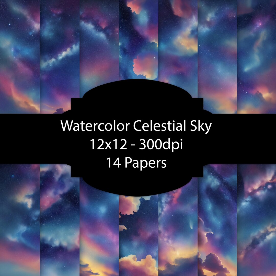 Watercolor Celestial Sky Digital Paper, Galaxy Background, Colorful ...