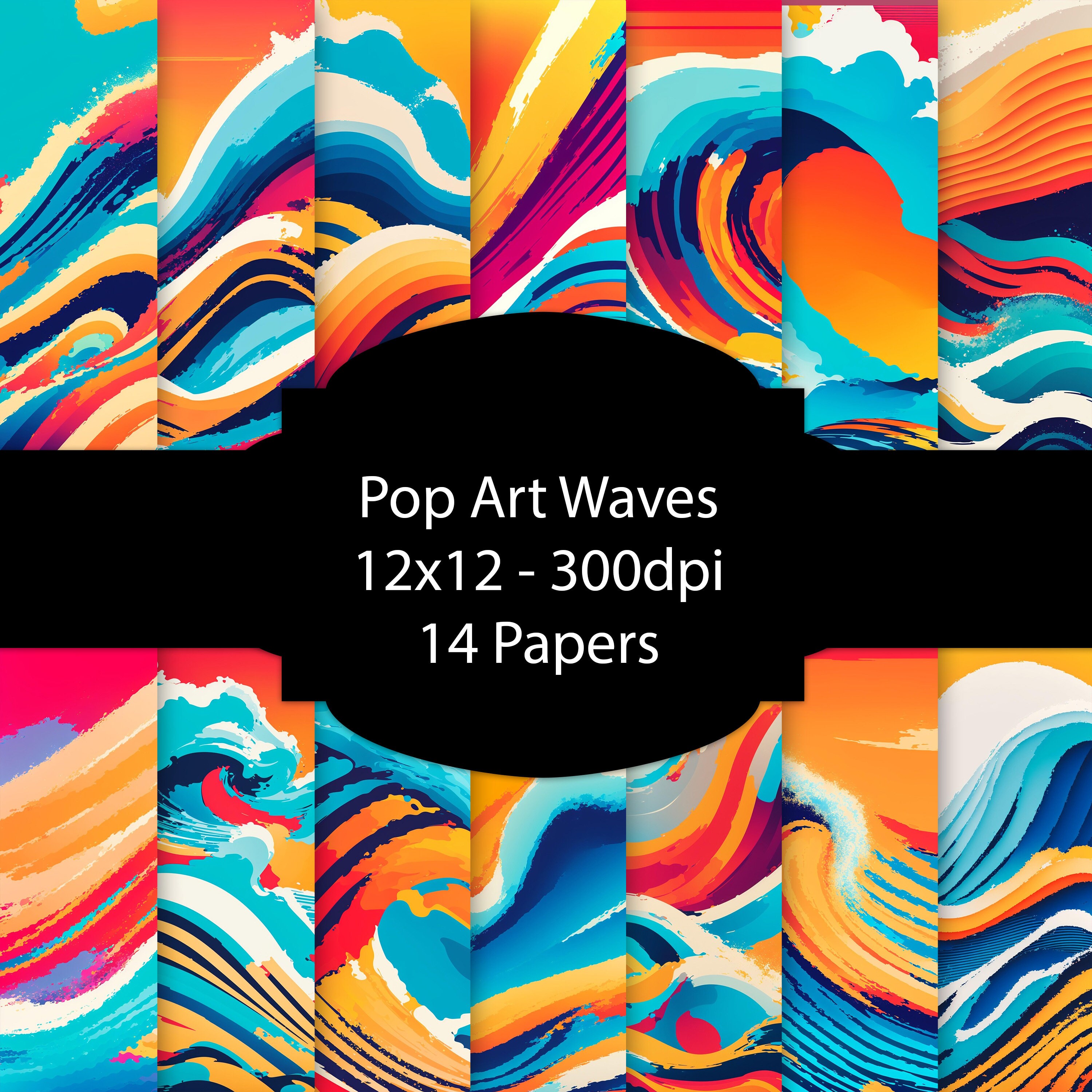 Pop Art Waves Digital Paper, Retro Background, Ocean Paper Pack, for ...