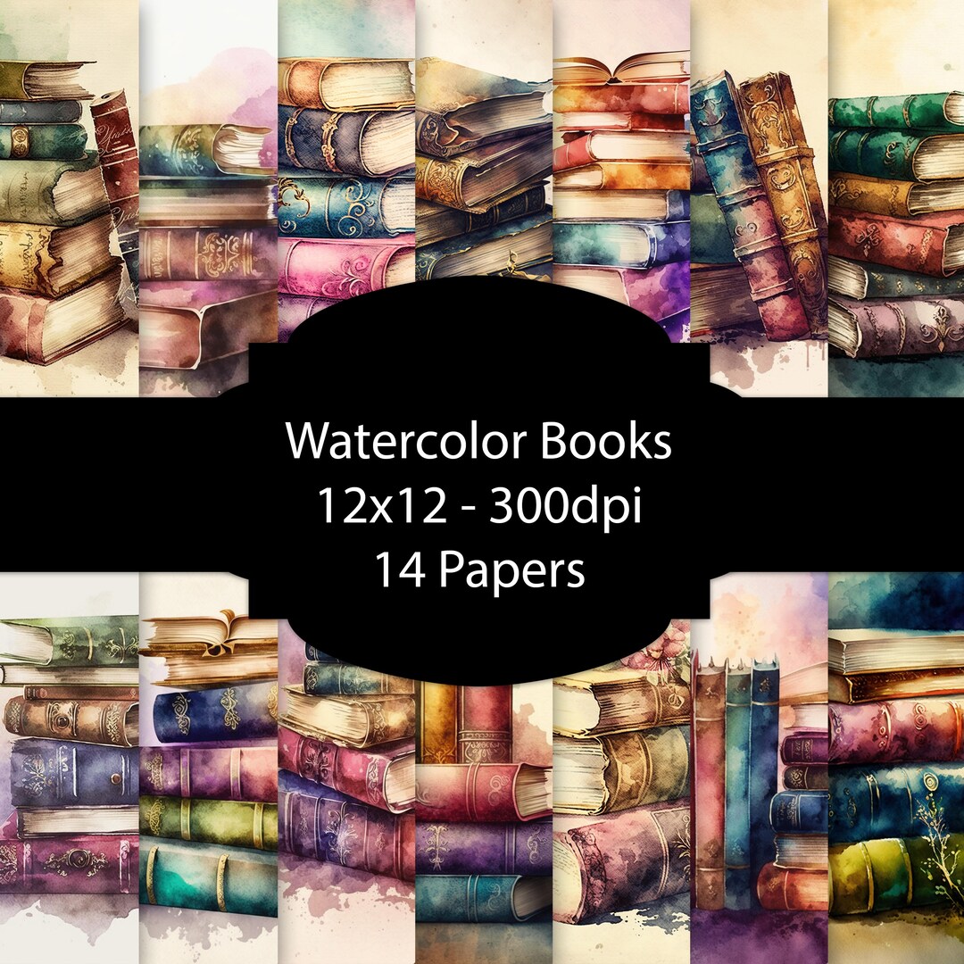 Watercolor Books Digital Paper, Bookish Background, Booklover Paper ...