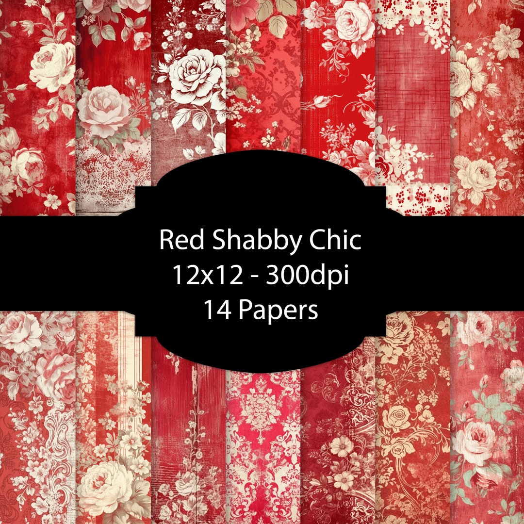 Red Shabby Chic Digital Paper, Rose Background, Floral Paper Pack, for ...