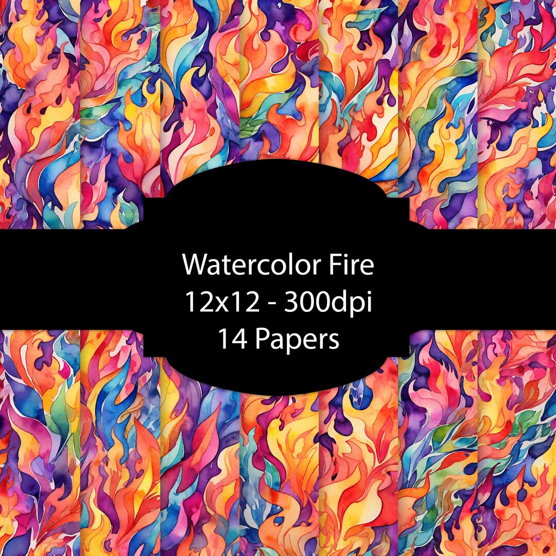 Watercolor Fire Digital Paper, Colorful Flames Background, Rainbow ...