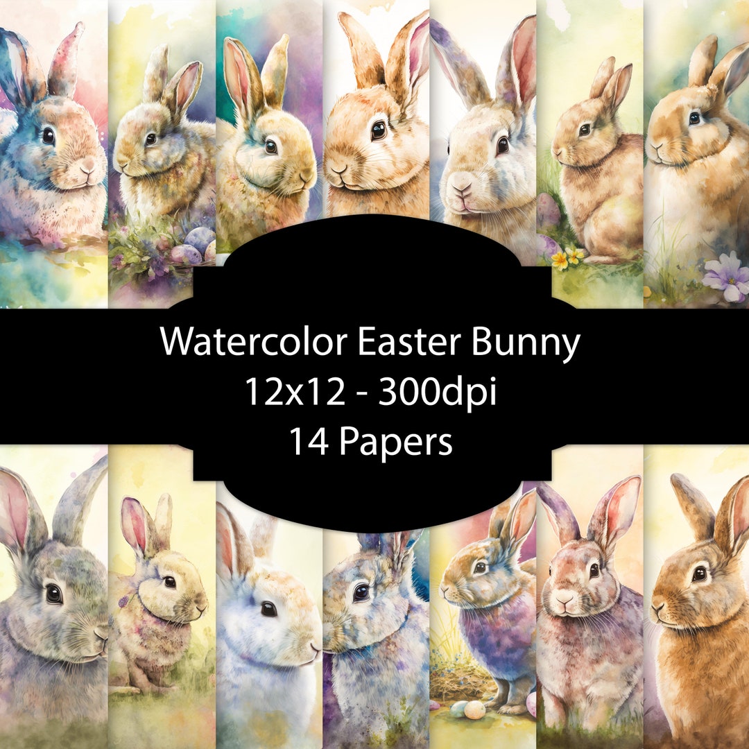 Watercolor Easter Bunny Digital Paper, Spring Background, Cute Rabbit ...