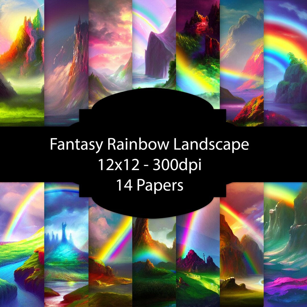 Fantasy Rainbow Landscape Digital Paper, Colorful Background ...