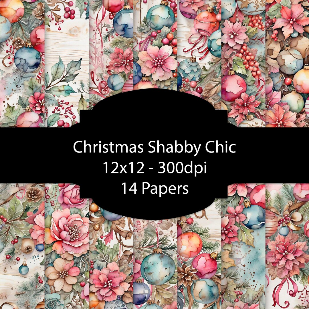 Christmas Shabby Chic Digital Paper, Watercolor Xmas Background ...