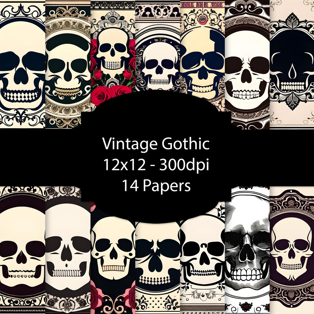 Vintage Gothic Digital Paper, Skulls and Roses Background, Creepy ...
