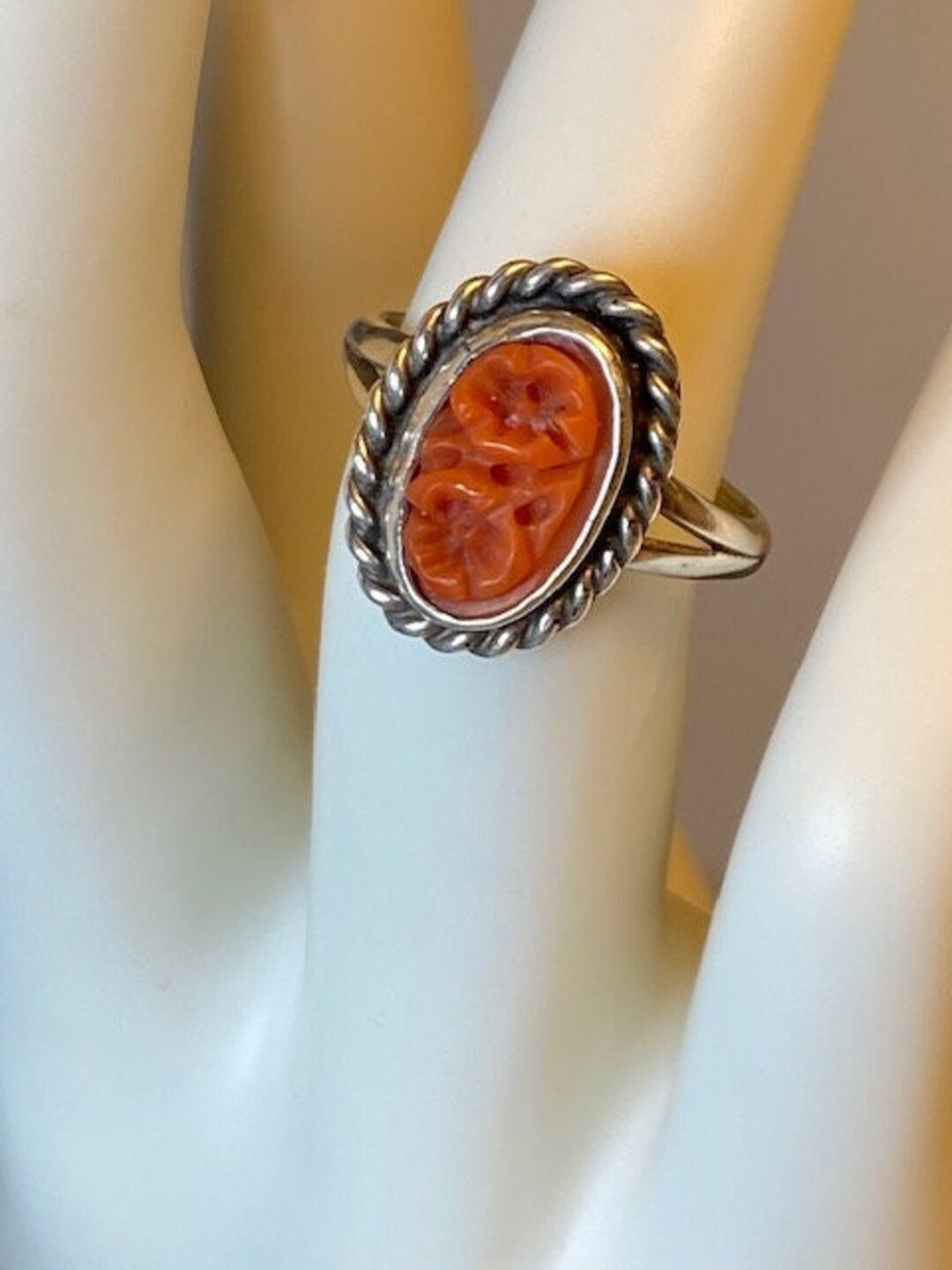 RARE Vintage Carved Red Coral Flowers in Sterling Silver Split Shank ...