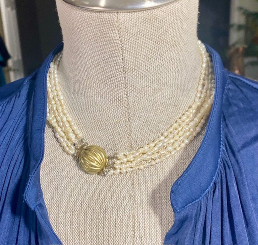 Lovely Five Strand Rice Pearl Swag Necklace With Pretty Gold Dome Box ...