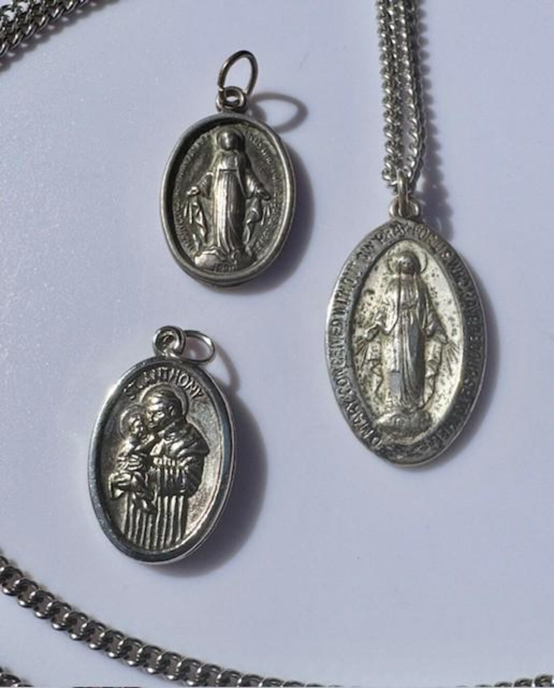 Vintage Sterling Silver Religious Medals Charms Necklace Miraculous ...