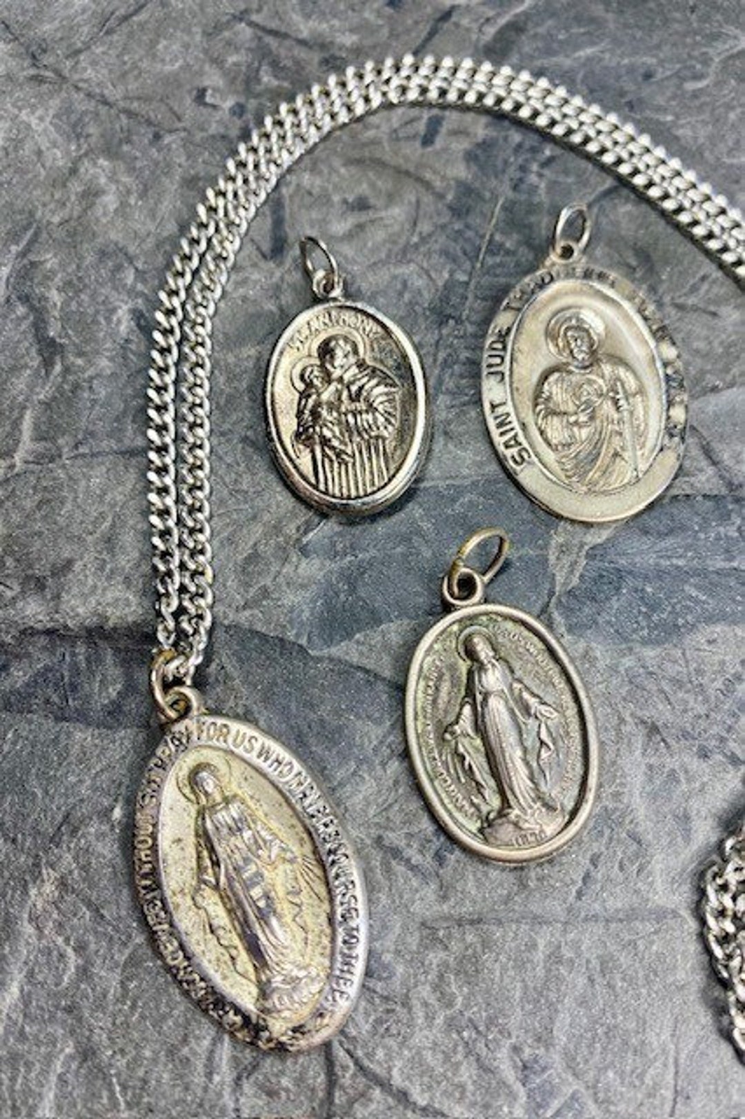 Vintage Sterling Silver Religious Medals Charms Necklace St Thaddeus ...