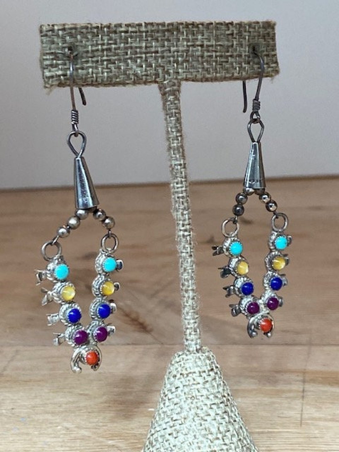 Vintage Navajo Sterling Silver Multi Stone Corn Maze Dangle Earrings ...