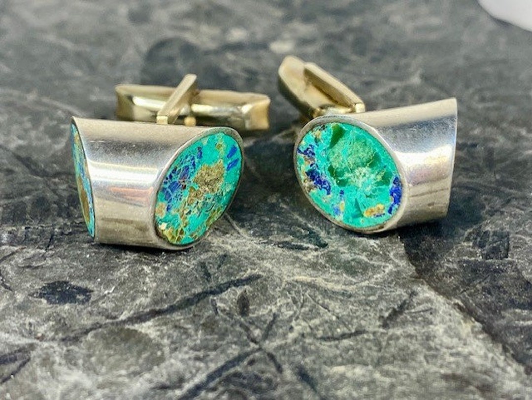 Handsome Alpaca Azurite Malachite Chip Inlay Sterling Silver Cuff Links ...