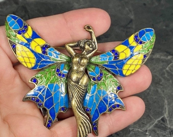 Art Nouveau Fairy Mermaid Butterfly Enamel and Rhinestone Brass Brooch ...