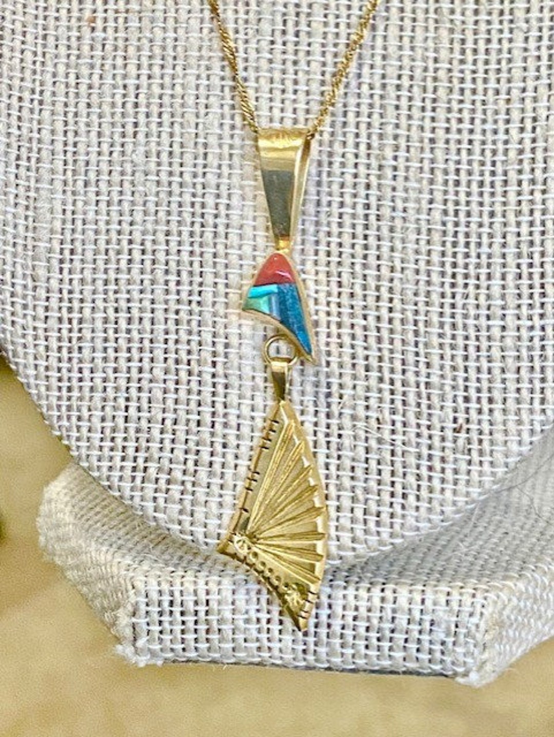Navajo David Tune Signed 18kt Gold Cobblestone Inlay Pendant With ...