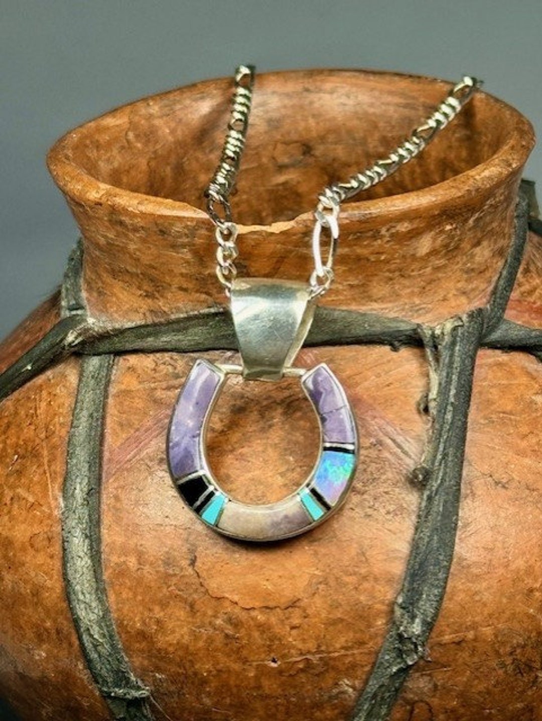 Navajo Signed Albert Francisco Multi Stone Inlay Horseshoe Pendant on 19 1/2" Sterling Silver ...