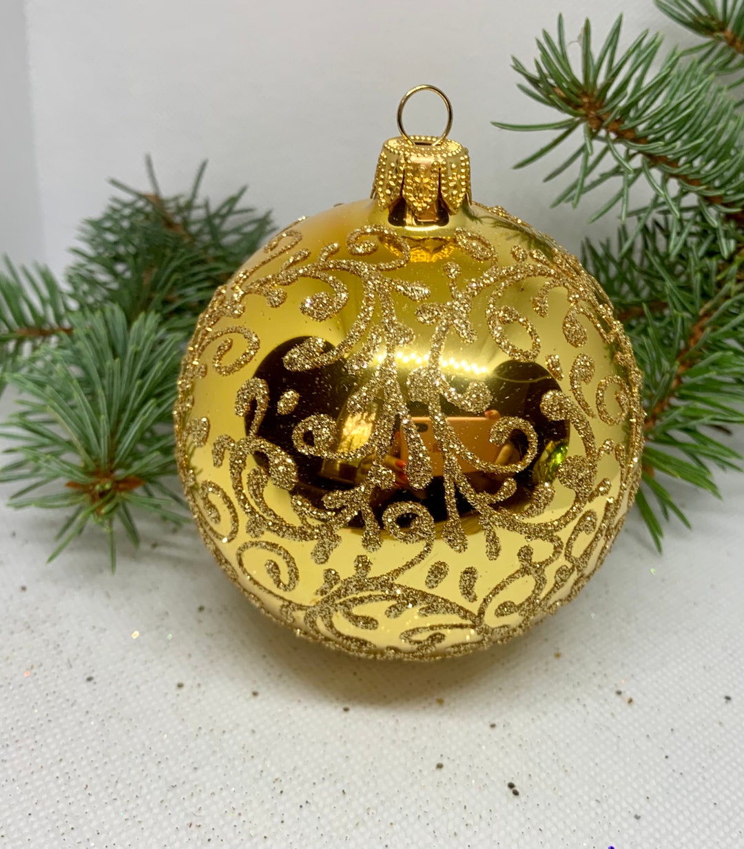 Gold Christmas Glass Ball, Glitter Xmas Ornaments, Blown Glass ...