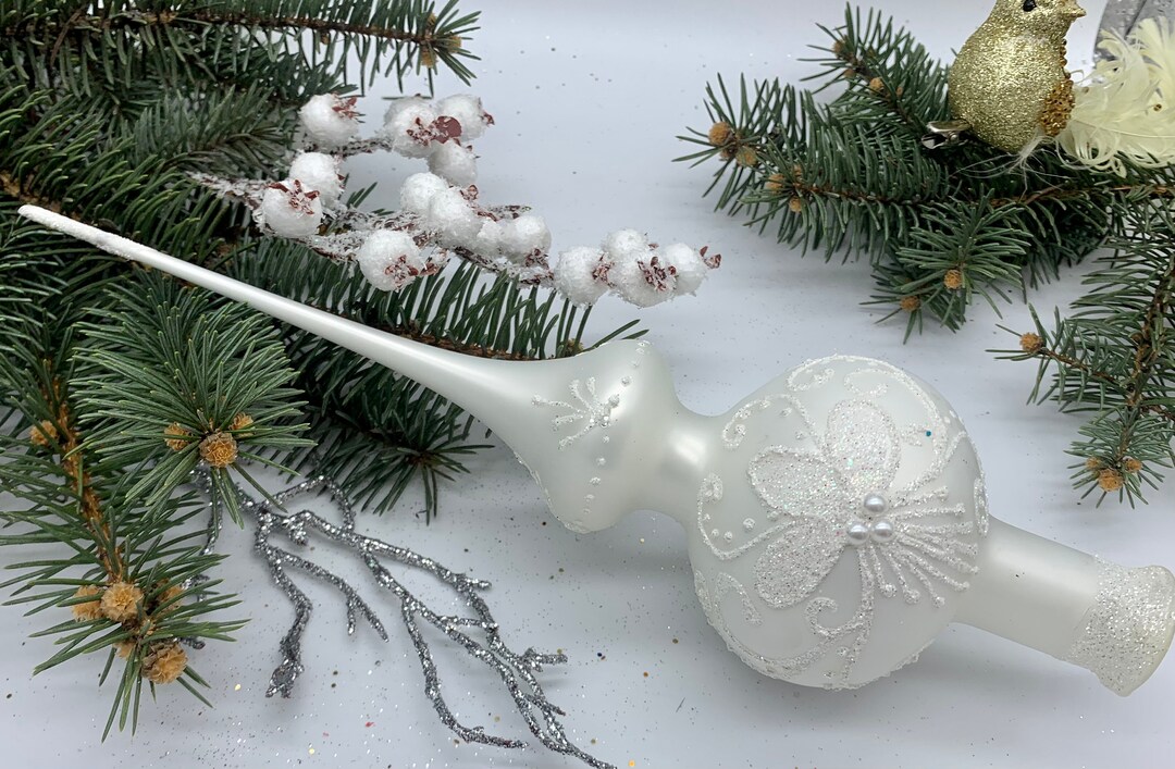 White With Silver Glitter Christmas Glass Tree Topper 10 Inches, Tree ...