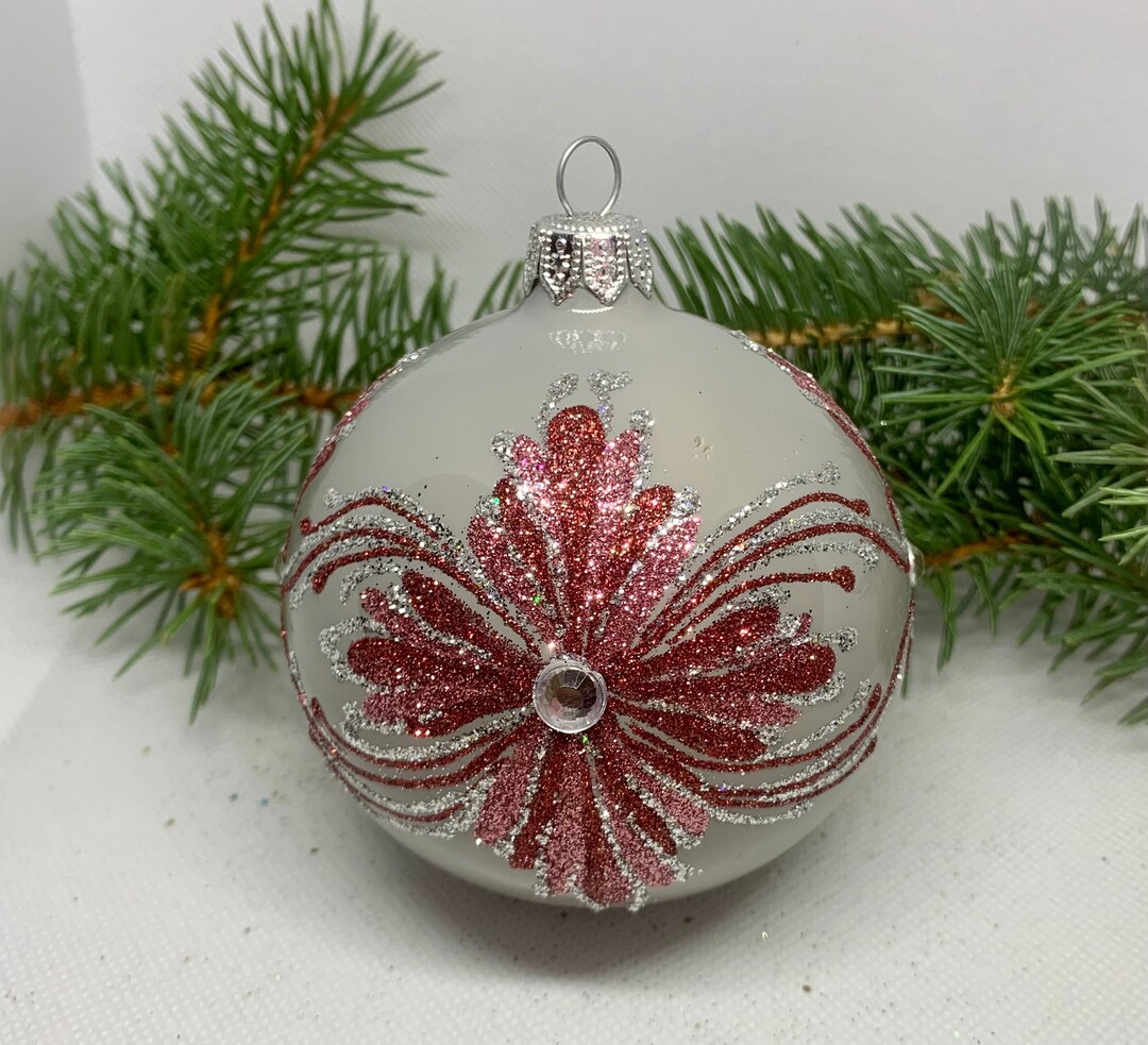 Gray Christmas Glass Ball With Red Flowers, Glitter Xmas Ornaments ...