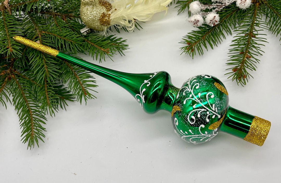 Green With White Christmas Glass Tree Topper 9 Inches, Tree Topper ...