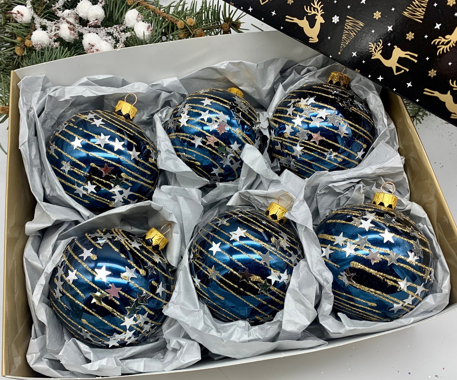 Blue Christmas Set of 6 Glass Balls With Gifted Box Crafted - Etsy