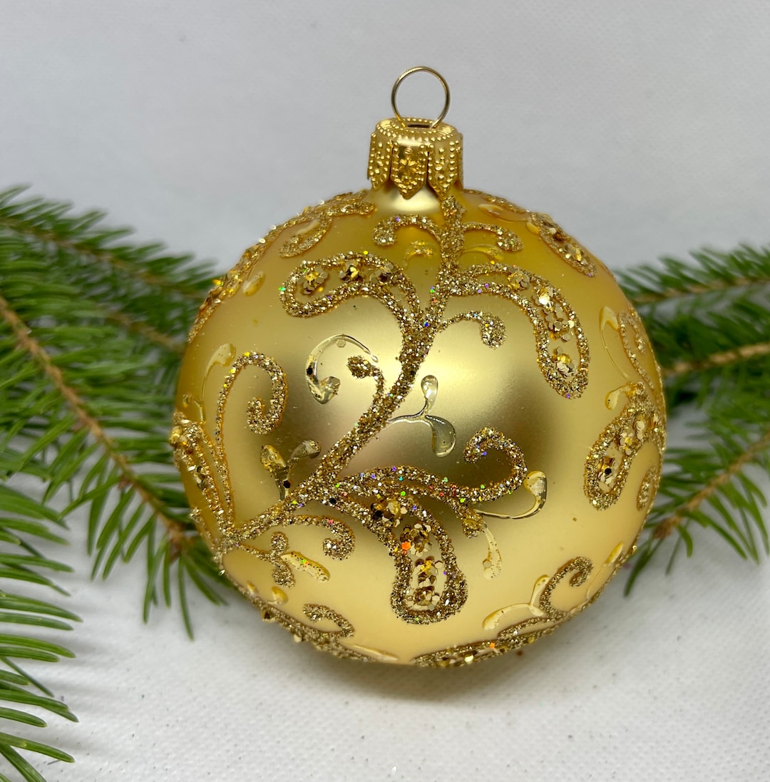 Gold Christmas Glass Ball, Glitter Xmas Ornaments, Blown Glass ...