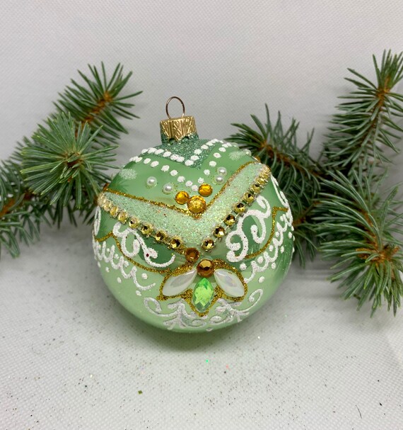 Green Christmas Glass Ball Xmas Ornaments Blown Glass Christmas Ball Handmade Paited Christmas Glass Baubles Etsy