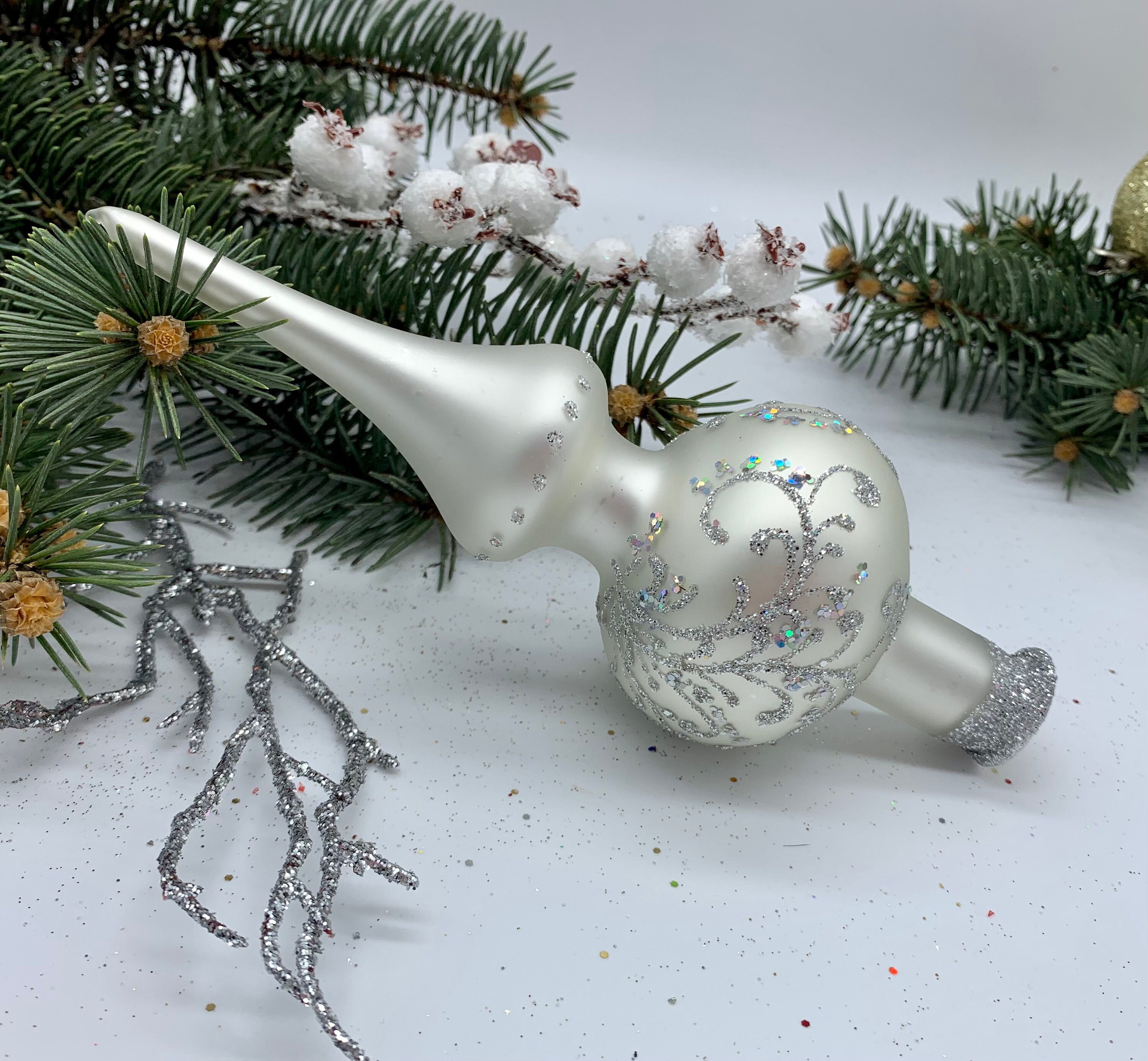 Small White With Pattern Christmas Glass Tree Topper 8 Inches,vintage ...