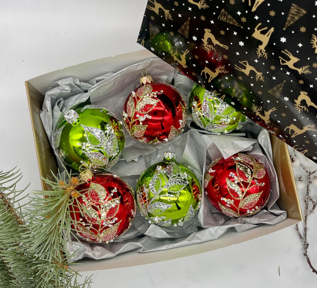 Christmas Set of 6 Glass Balls With Gifted Box, Crafted Glass Christmas ...