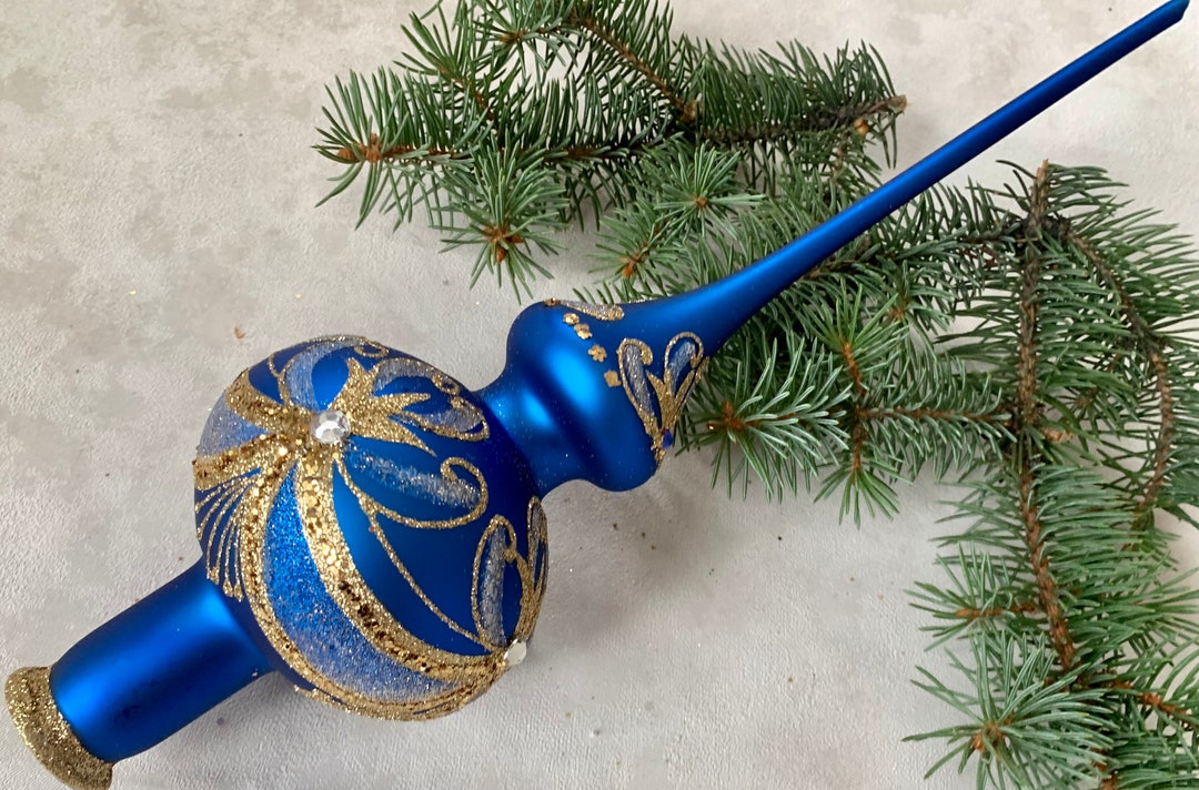 Vintage Blue Christmas Glass Tree Topper 12 Inches, Tree Topper Antique ...