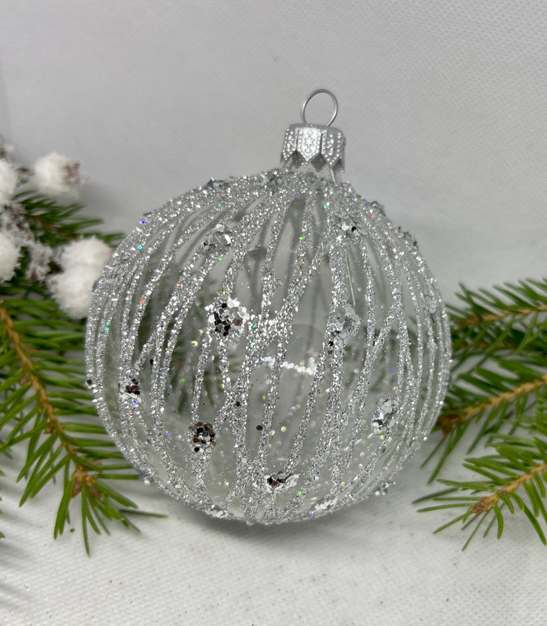 Transparent With Silver Pattern Christmas Glass Ball Glitter - Etsy