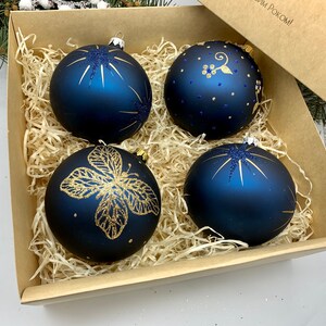 Christmas Set of 4 Big Blue Glass Balls With Gifted Box, Crafted Glass ...