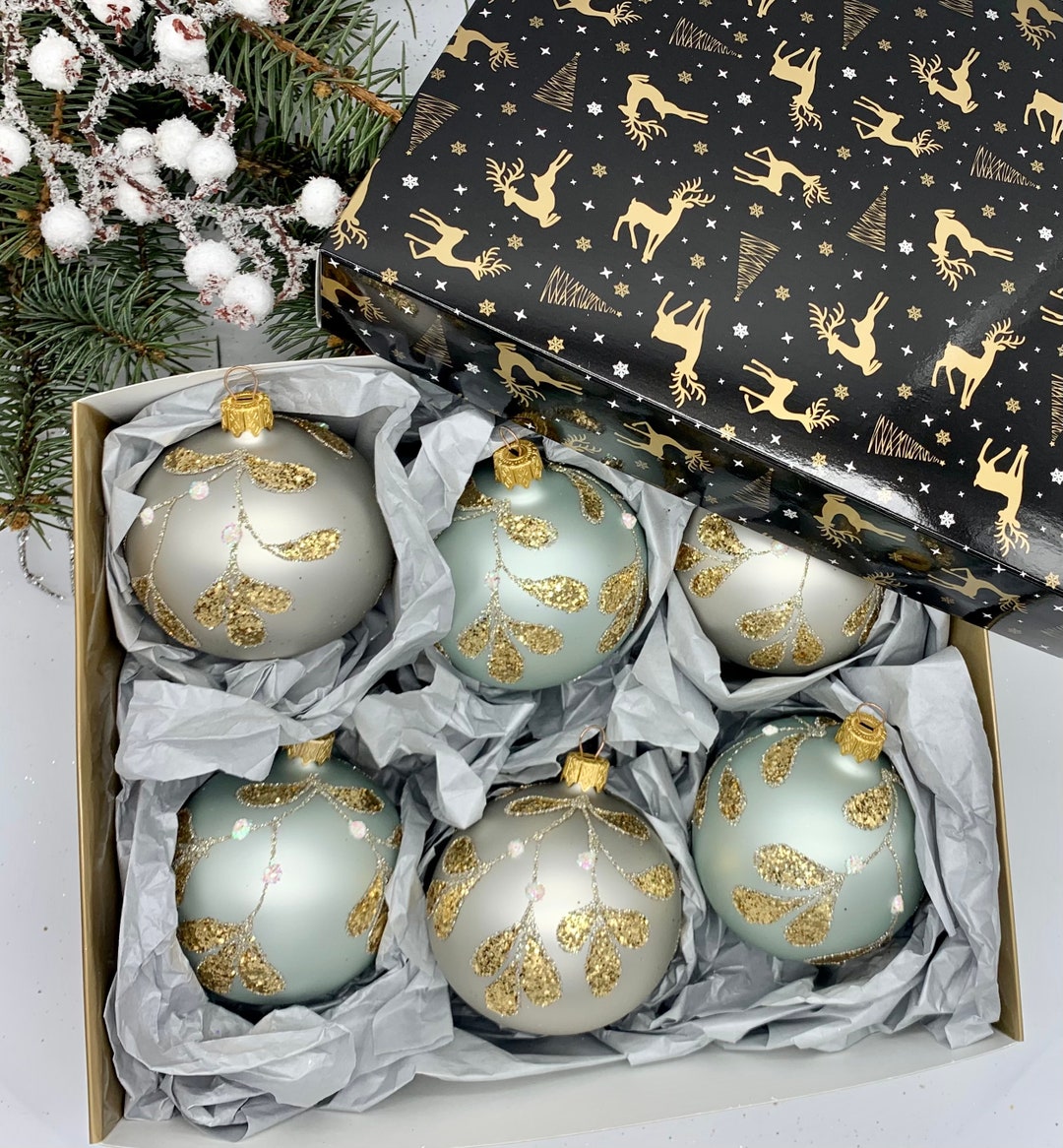 Gray Christmas Set of 6 Glass Balls With Gifted Box, Crafted Glass ...