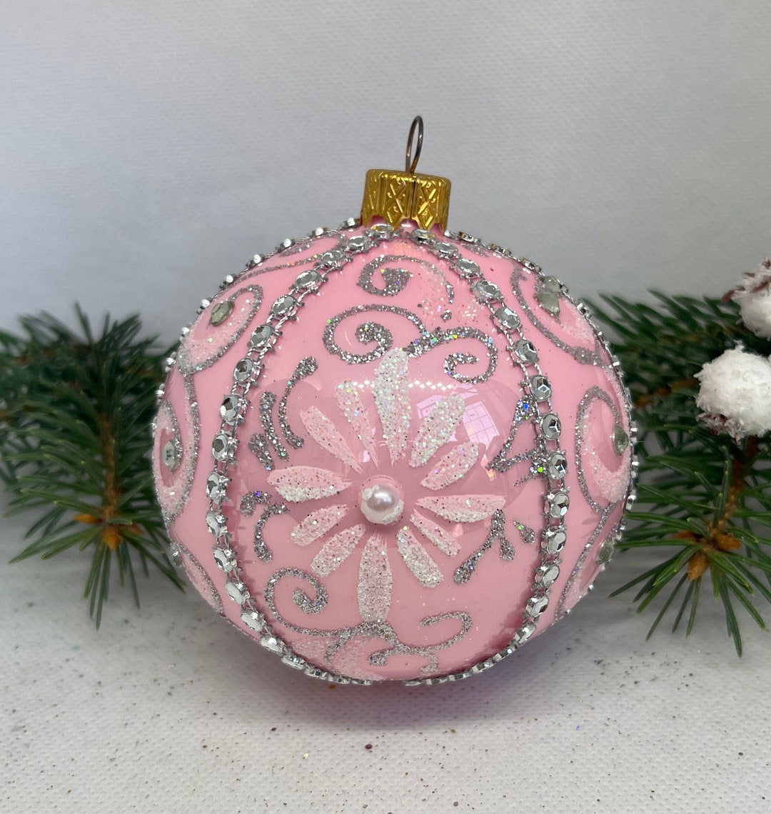 Pink Christmas Glass Ball, Glitter Xmas Ornaments, Blown Glass ...