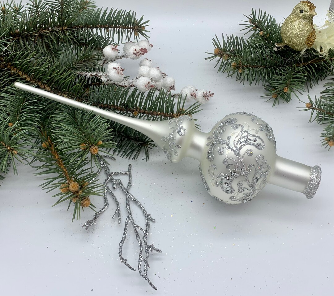 White With Silver Glitter Christmas Glass Tree Topper 10 Inches, Tree ...