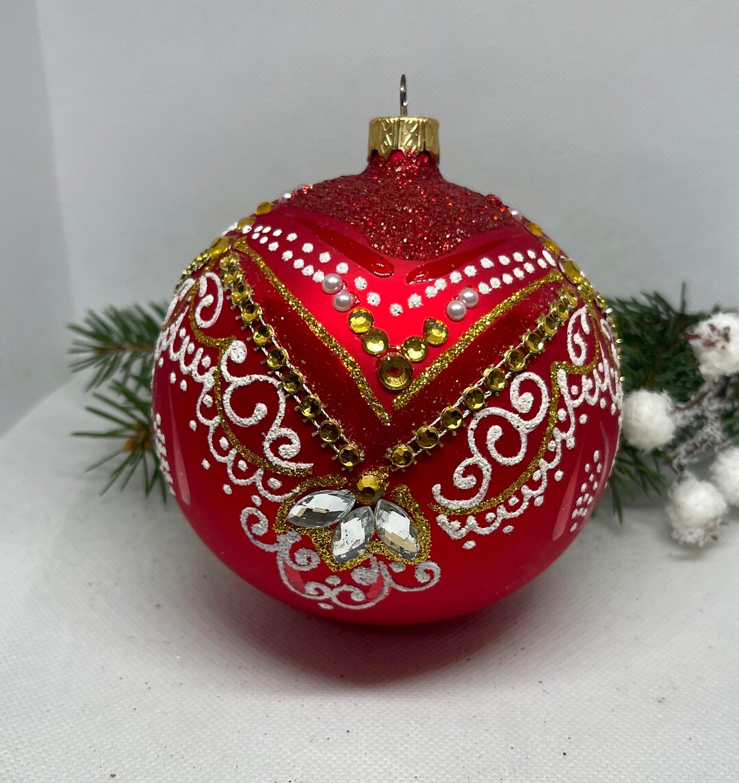 Big 4'' Red Christmas Glass Ball, Glitter Xmas Ornaments, Blown Glass ...