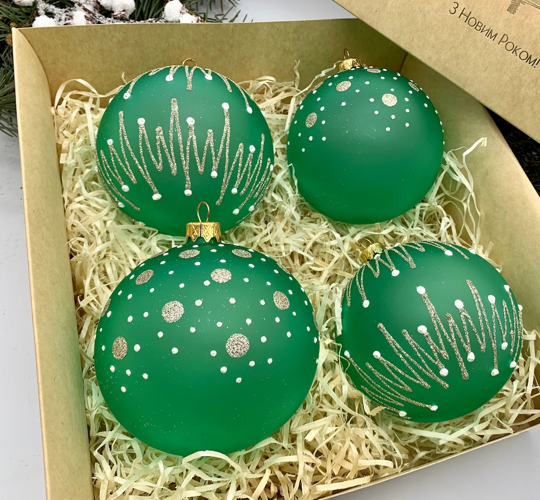 Christmas Set of 4 Big Green Glass Balls With Gifted Box, Crafted Glass ...