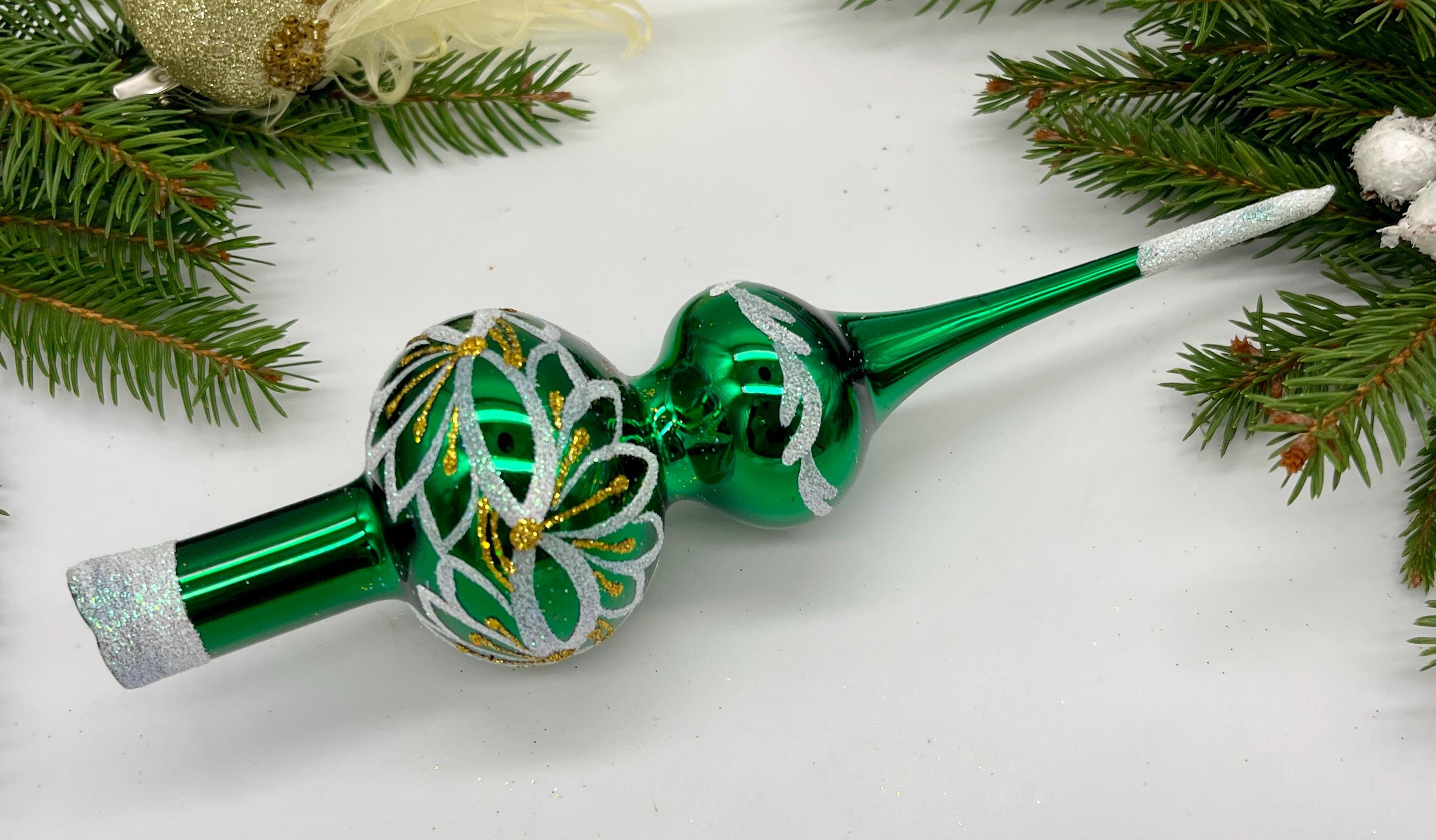 Small Green With White Vintage Christmas Glass Tree Topper 8 Inches ...